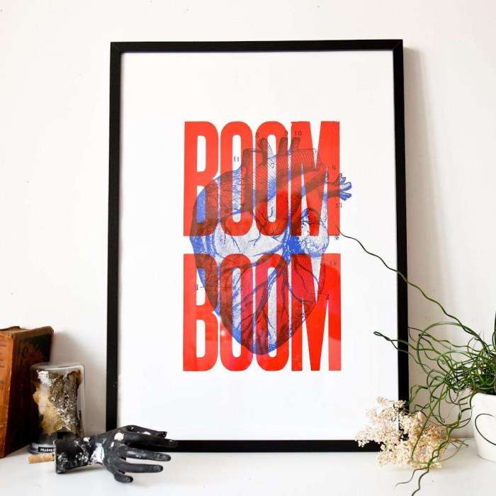 Affiche Cœur Boom-Boom, Sérigraphie artisanale, rétro / ROSE BUNKER